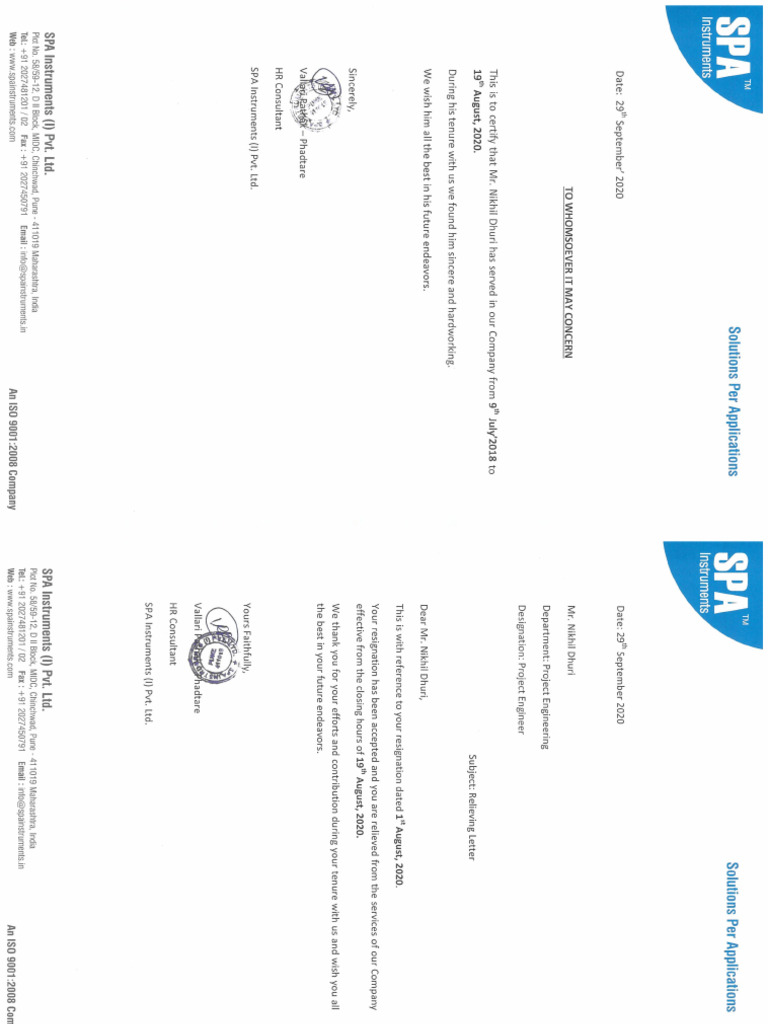 Relieving & Experience Letter | PDF