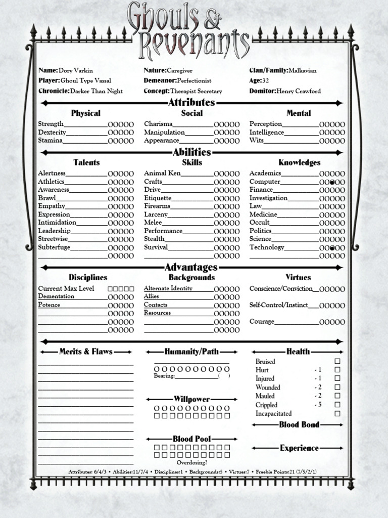 Character Sheet for Malkavian Vampire | PDF