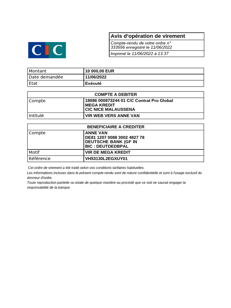Avis de virement CIC exécuté | PDF