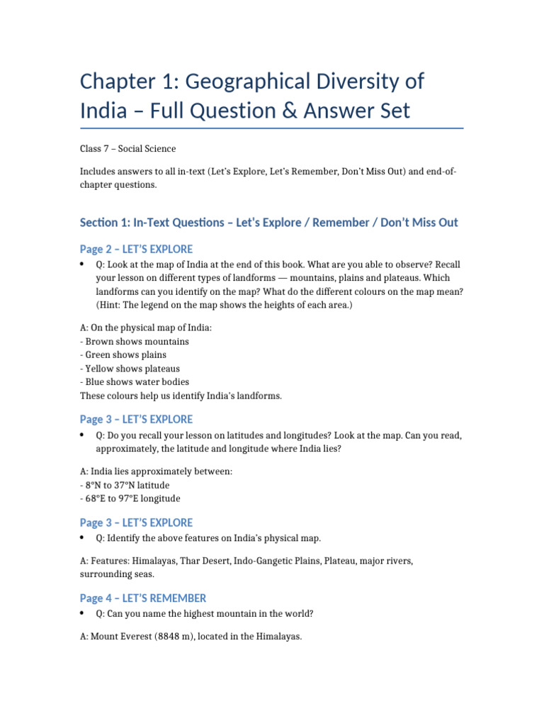Geographical Diversity of India: Q&A Guide | PDF | Plateau | Earth Sciences