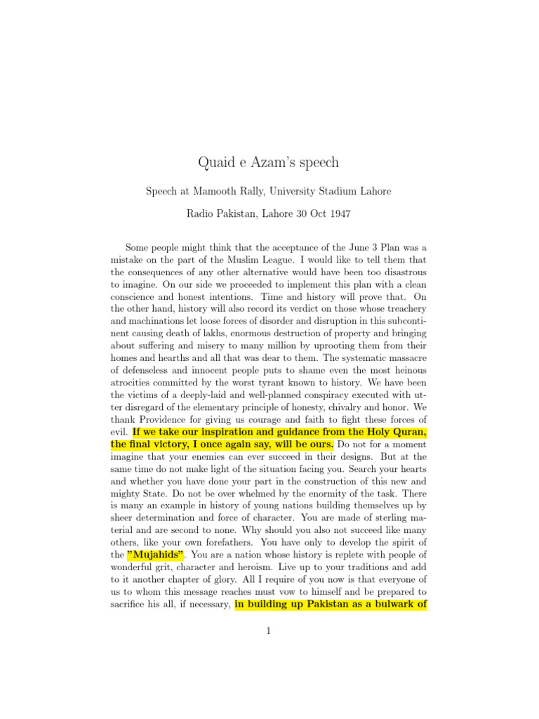 Quaid e Azam S Speech | PDF