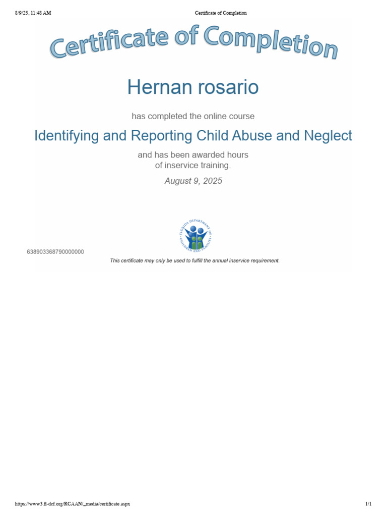 Certificate of Completion - Child Abuse | PDF