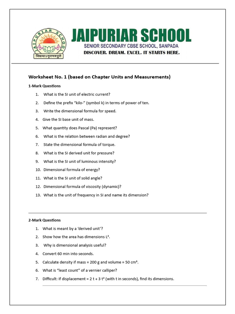 Physics Units and Measurements Worksheet | PDF