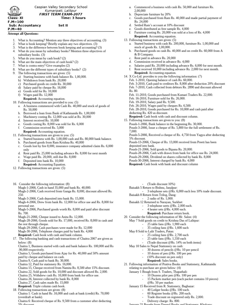 Class XI Accountancy Exam Questions | PDF | Cheque | Banks