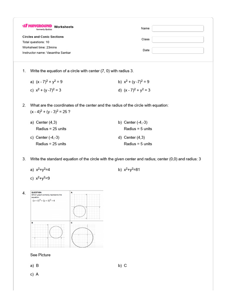 Circles and Conic Sections1 - Wayground | PDF