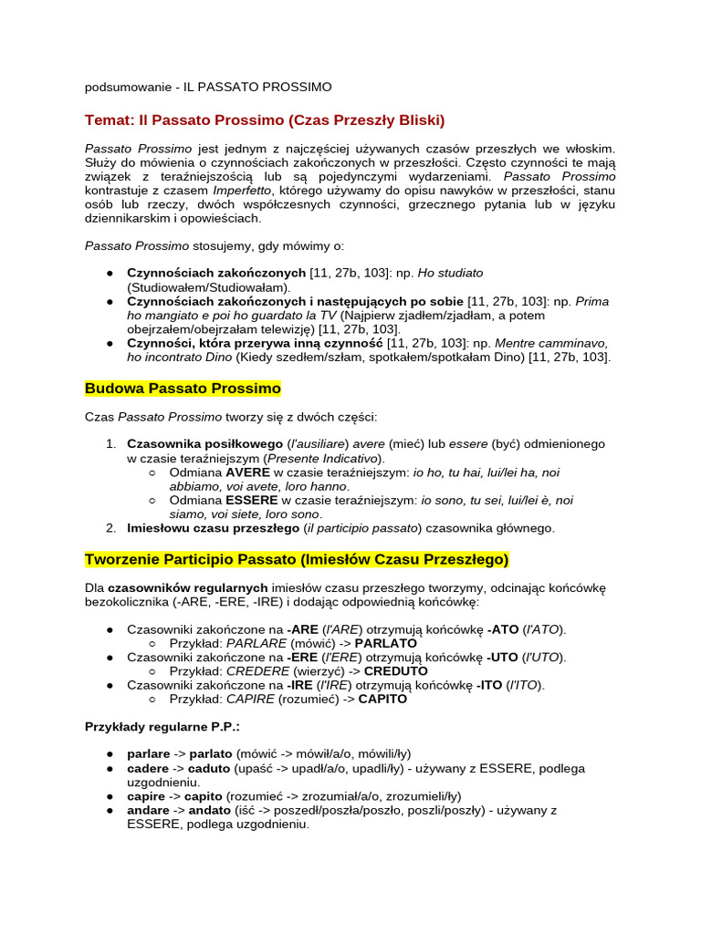 Podsumowanie - Il Passato Prossimo | PDF