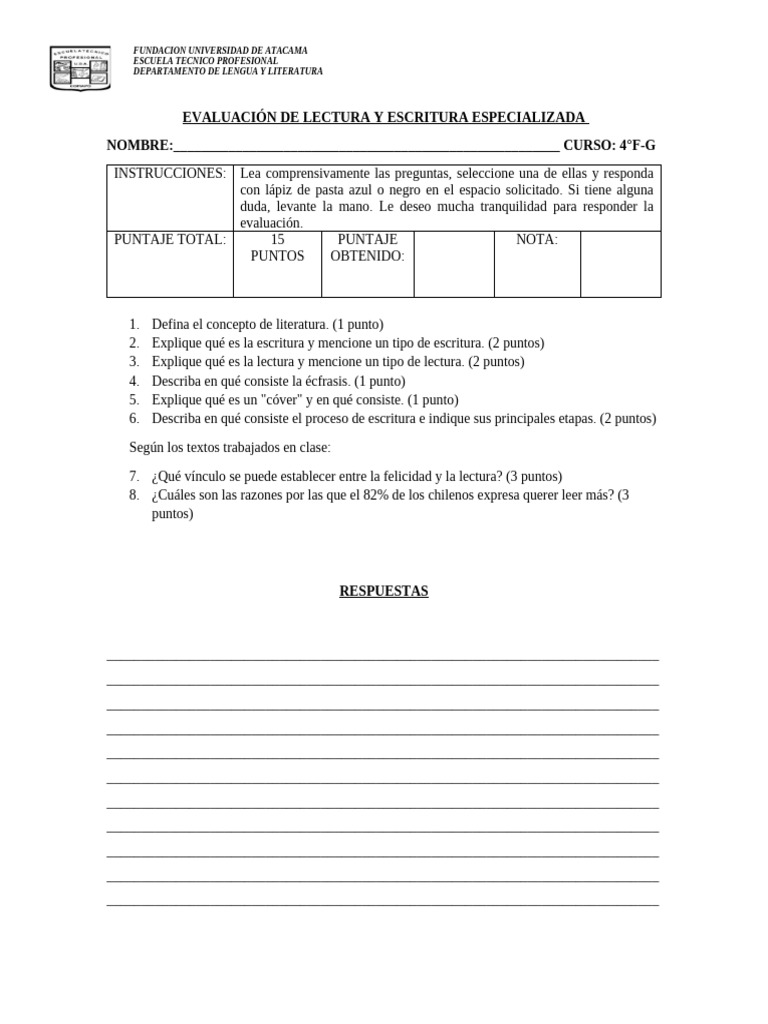 Evaluación de Lectura y Escritura | PDF