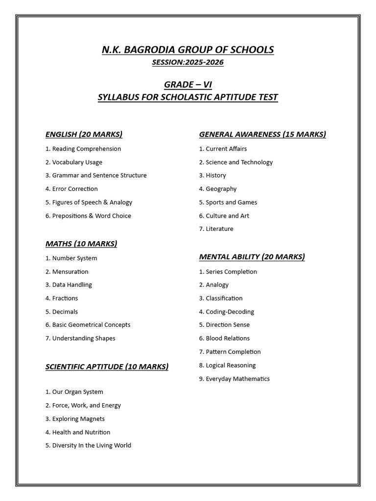 SAT Syllabus for Grade VI 2025-2026 | PDF
