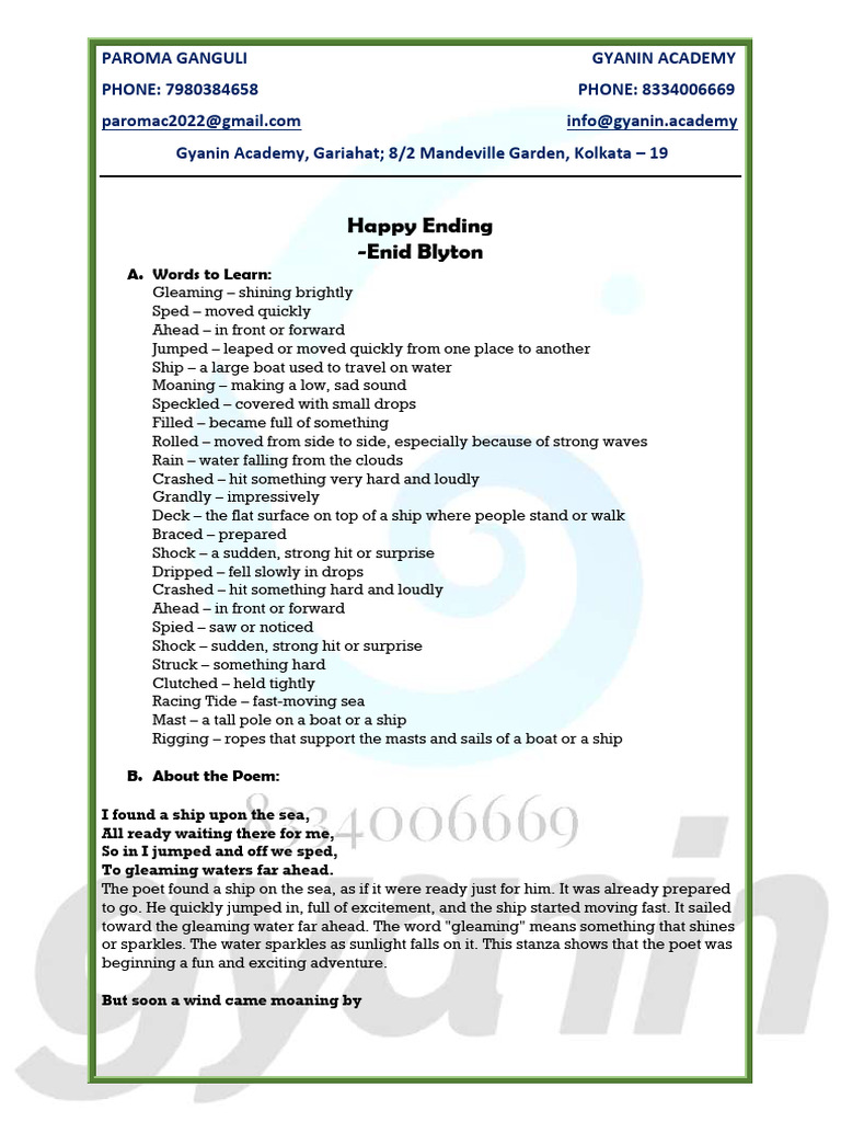 Happy Ending Poem Notes - 32492634 | PDF | Ships | Sea