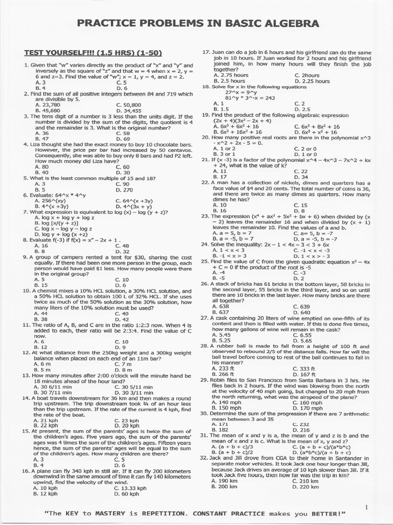 Math 1 - Algebra - Practice Problems | PDF