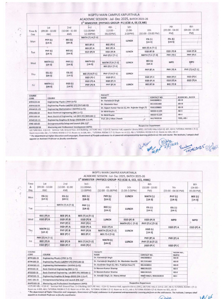Revised TIMETABLE First Year (Phy and Chem) 06-08-2025 | PDF