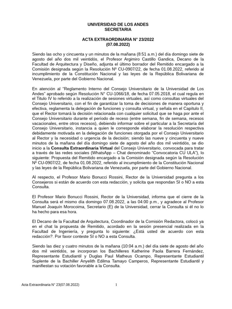 Acta Extraordinaria #23 (07.08.2022) Remitido para El CNU | PDF ...
