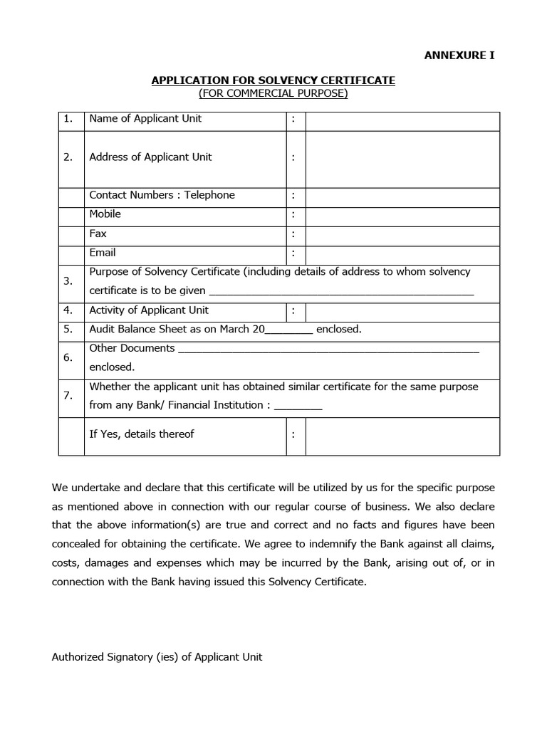 Solvency Certificate Annexure 1 Fillable | PDF
