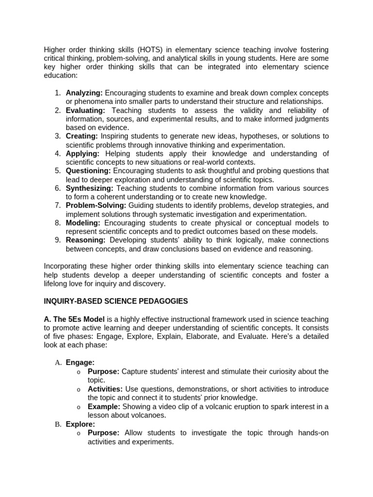 Enhancing HOTS in Elementary Science | PDF | Inquiry Based Learning ...