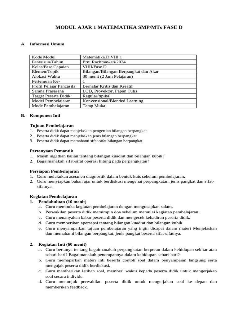 Modul Ajar Bilangan Berpangkat SMP | PDF