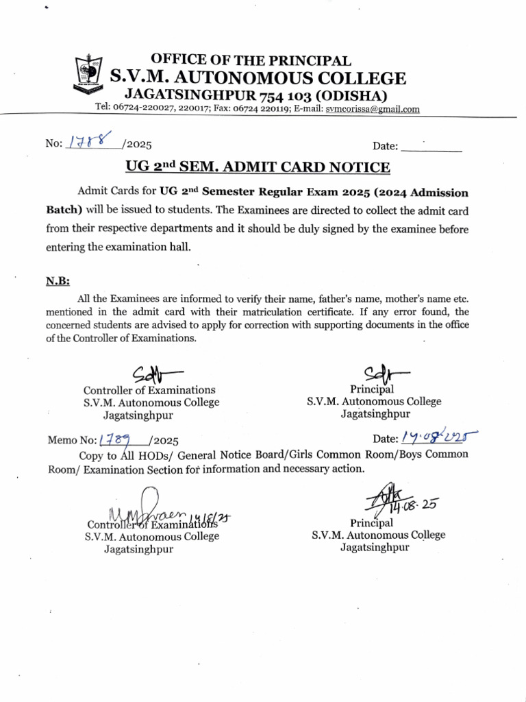 UG 2nd Sem Admit Card Notice | PDF