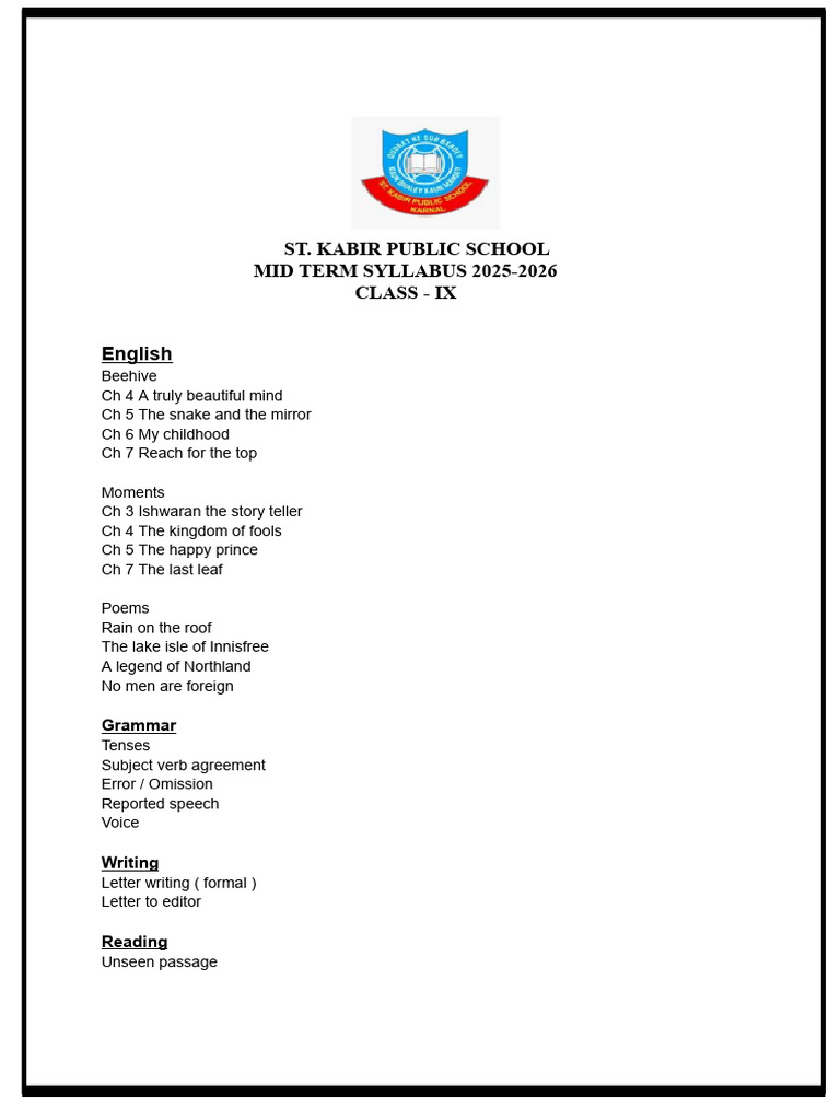 Class 9 Mid Term Syllabus | PDF