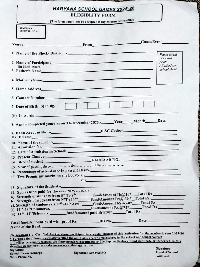 Haryana School Games Eligibility Form 2025-26 | PDF | Chess | Chess Theory