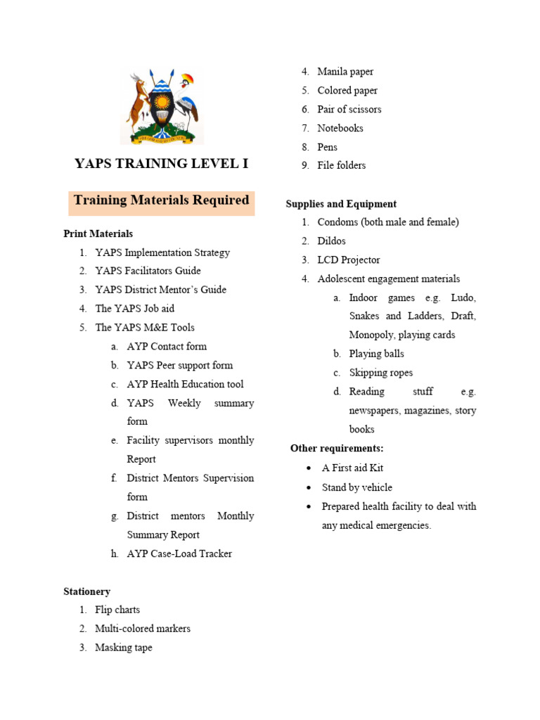 YAPS Training Level I Materials List | PDF