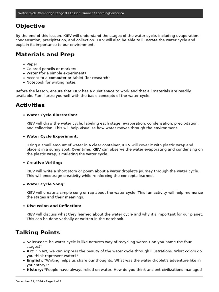 Lesson Plan Water Cycle Cambridge Stage 3 | PDF | Water Cycle | Water