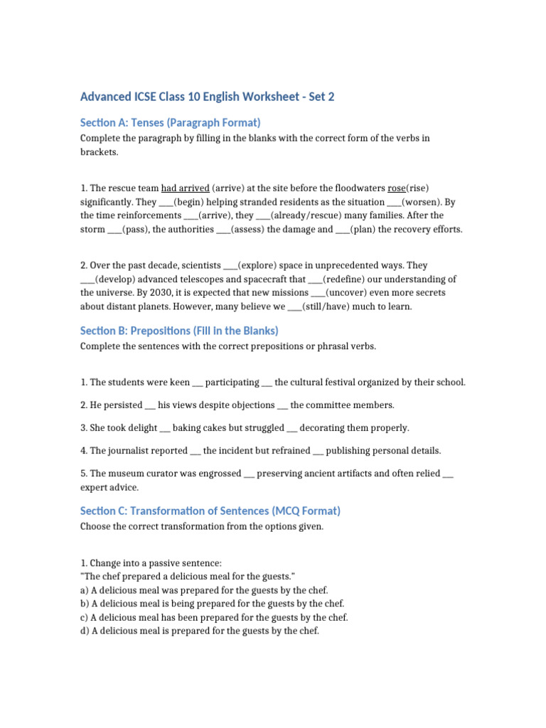 Advanced ICSE Class 10 English Worksheet Set 2[1] (AutoRecovered) | PDF ...