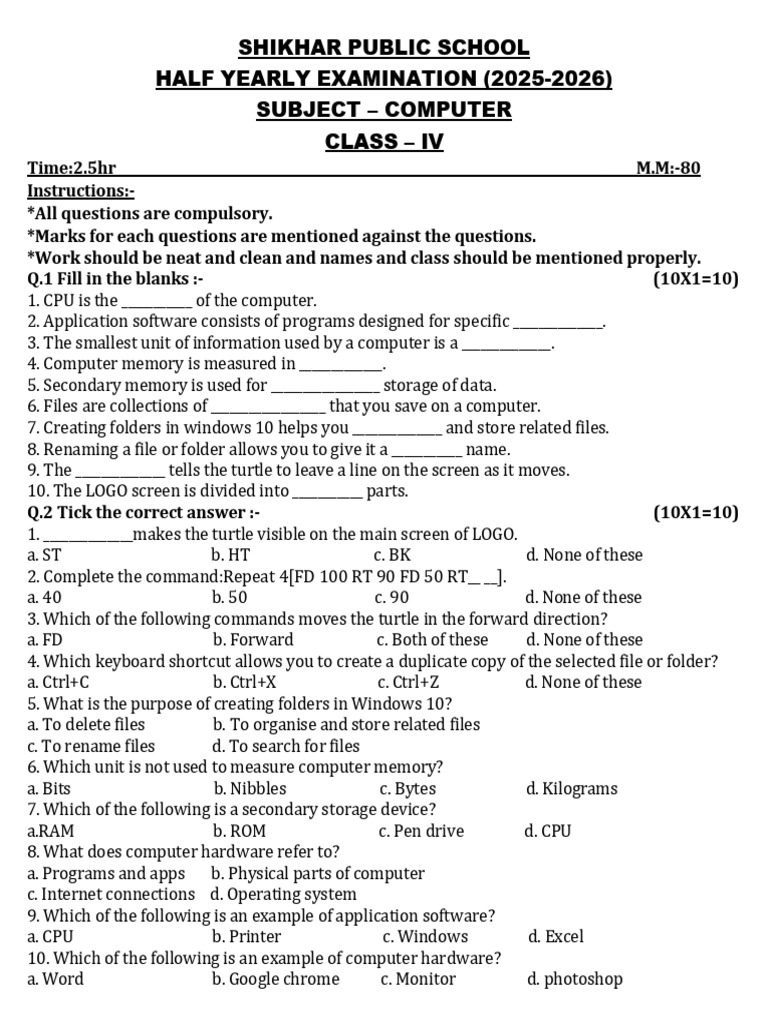 Class 4 Computer Half Yearly Exam 2025-26 | PDF | Computer Data Storage ...