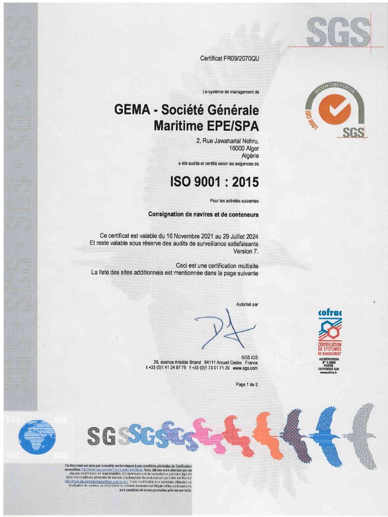 Certificat ISO 9001 de GEMA Algérie | PDF