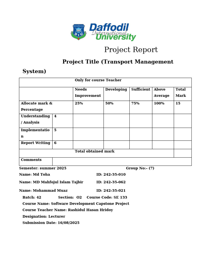 Transport Management System Project Report | PDF | Usability | System