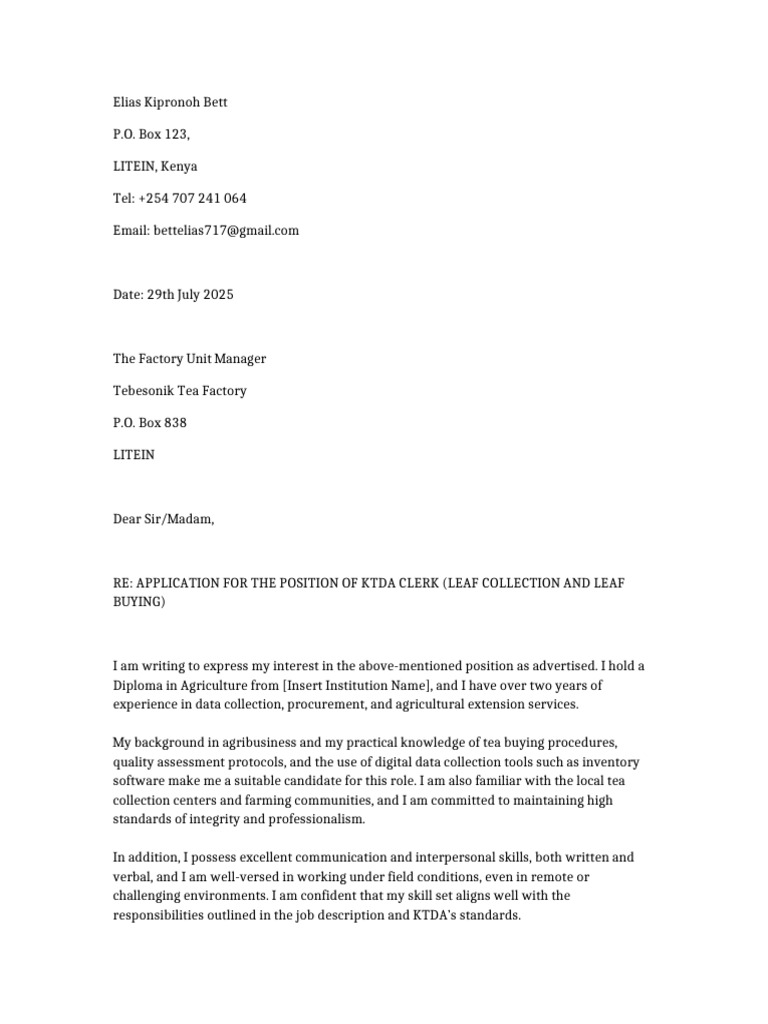 Application Letter KTDA Clerk Elias Bett | PDF