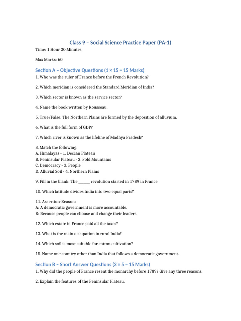 Class 9 SST Practice Paper 60 Marks | PDF