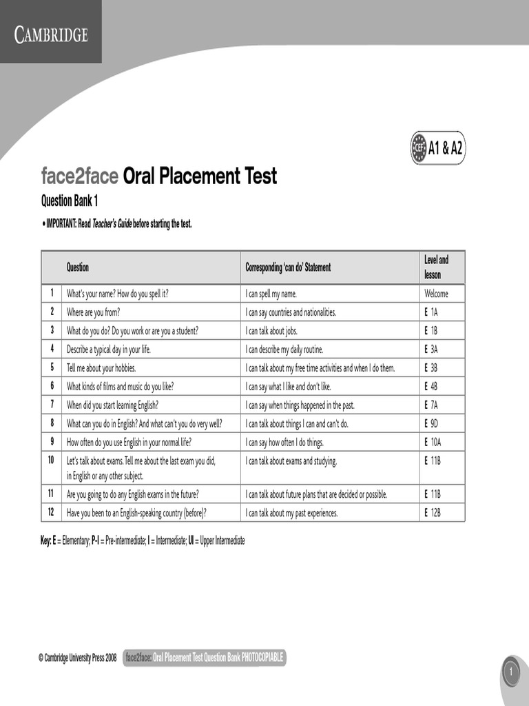Oral Placement Test Question Bank | PDF