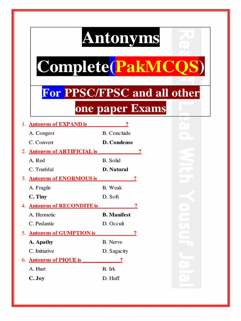 Pak MCQS Antonyms Complete | PDF