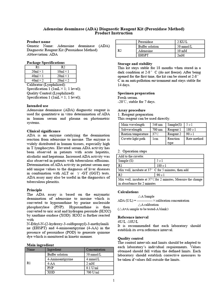 ADA Diagnostic Reagent Kit Instructions | PDF | Hydrogen Peroxide