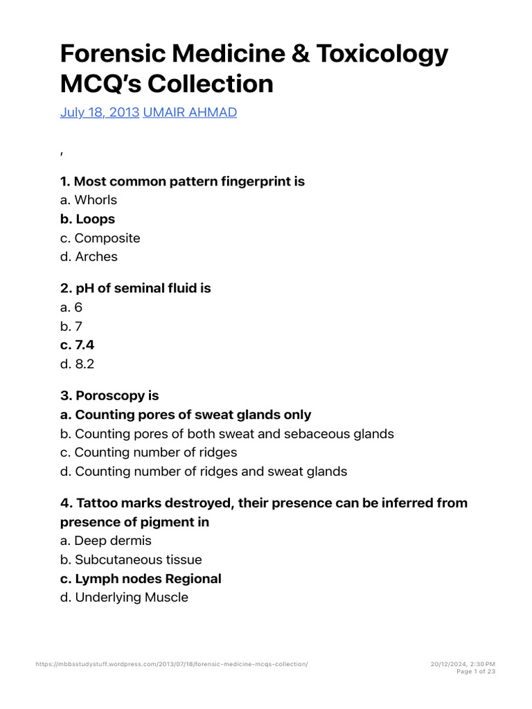 Forensic Medicine & Toxicology MCQ's Collection - MBBS Study Stuff ...
