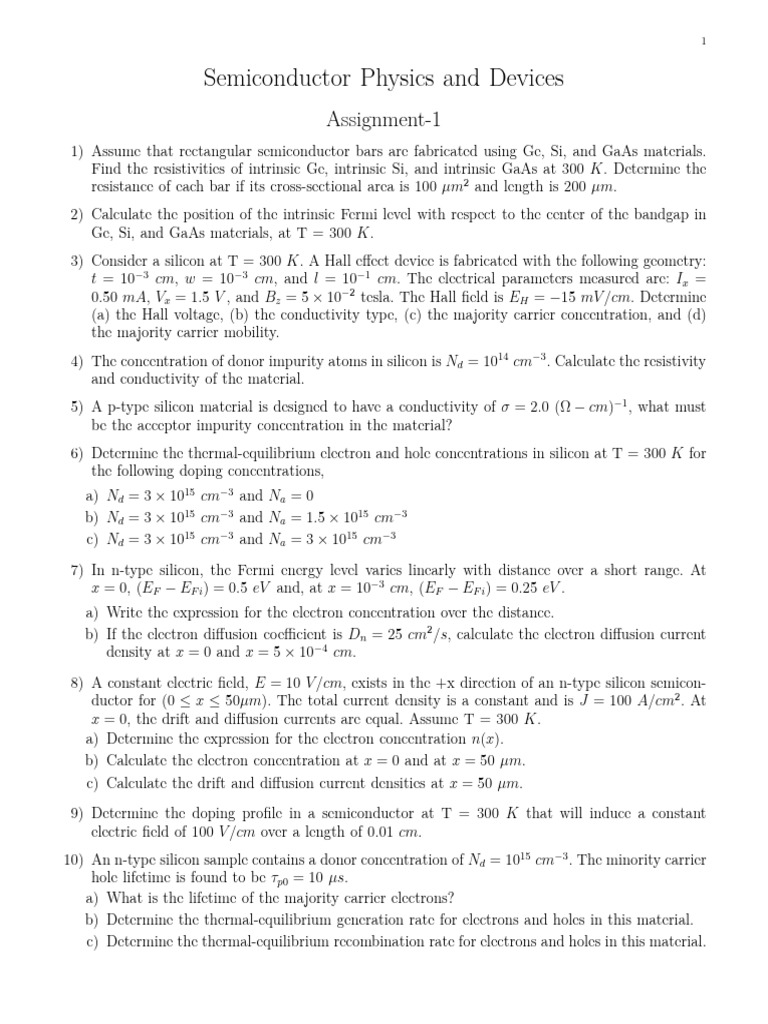 Semiconductor Physics and Devices Assignment1 | PDF | Electrical ...