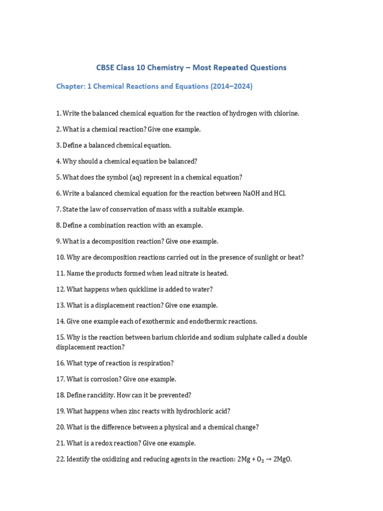 CBSE Class 10 Chemistry Key Questions | PDF | Chemical Reactions | Redox