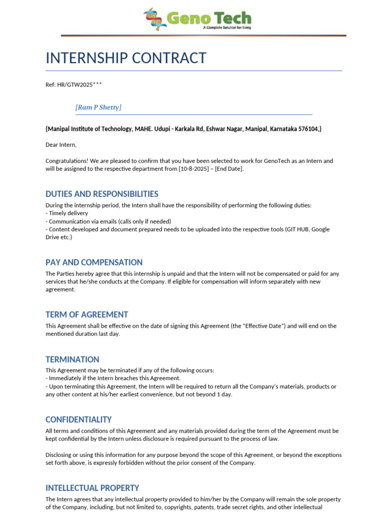 GenoTech Internship Contract Details | PDF | Trade Secret ...