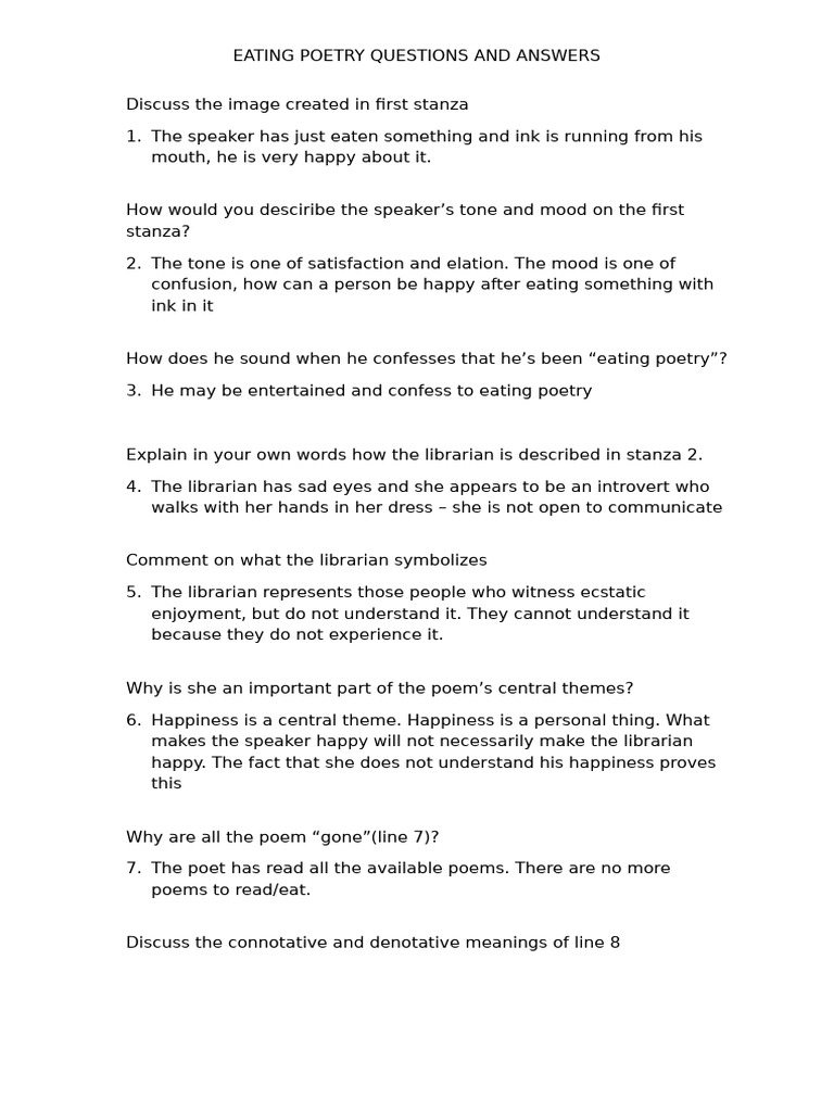 EATING POETRY QUESTIONS AND ANSWERS | PDF | Poetry
