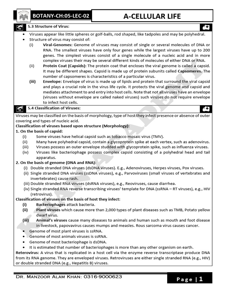 1st Year Bio Chapter No. 5 Lect No.02 Keypoints | PDF | Virus | Retrovirus