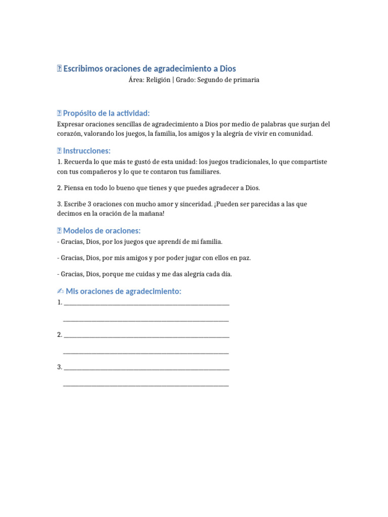 Practica Oraciones Agradecimiento Dios 2grado | PDF