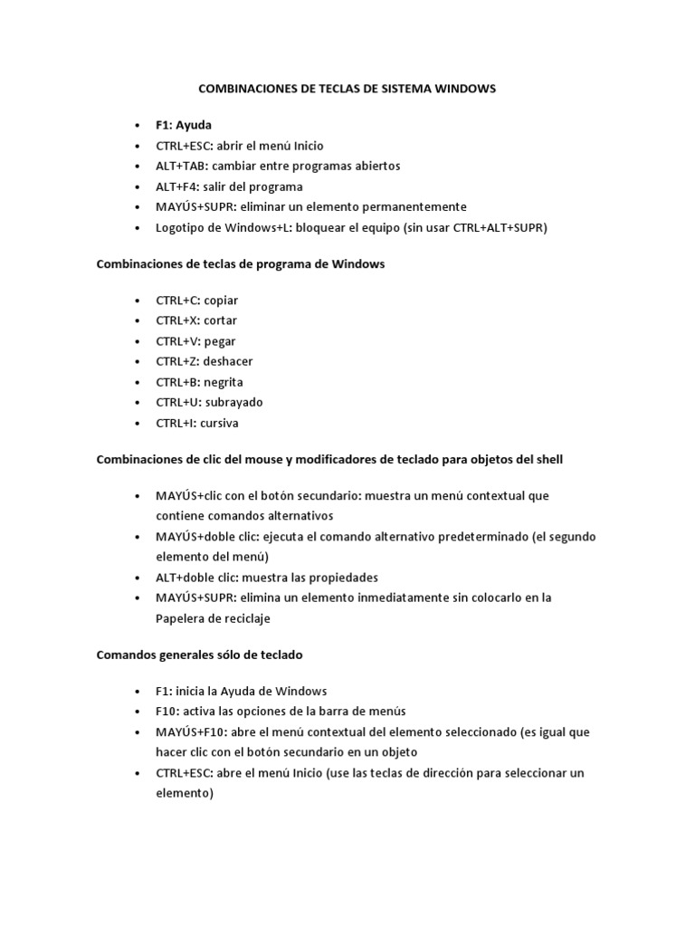 Combinaciones de Teclas de Sistema Windows | PDF | Ventana (informática ...