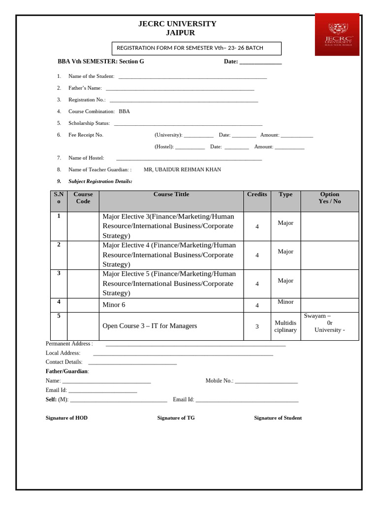 BBA Semester V Registration Form | PDF | Chess Theory | Chess
