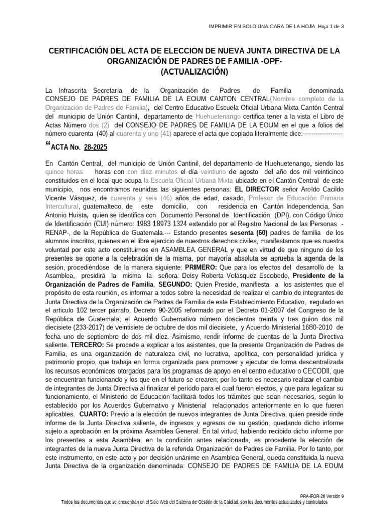 Pra-For-26 Certificacion Nueva Junta Versión 9 Urbana | PDF | Guatemala | Junta Directiva