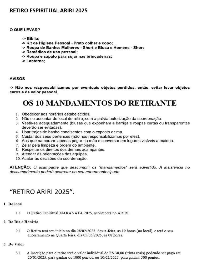 Retiro Espiritual Ariri 2025: Informações Essenciais | PDF