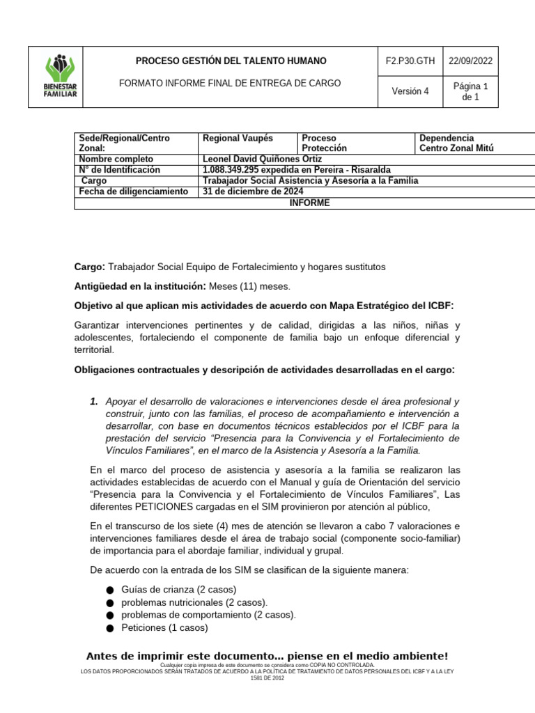 f2.p30.gth Formato Informe Final de Entrega de Cargo v4.. | PDF | Trabajo Social | Gestión del ...