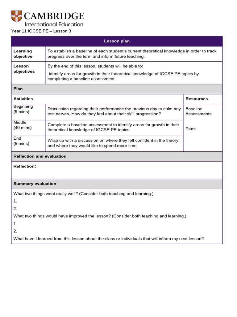 Year11 IGCSE PE Lesson Plan 3 | PDF