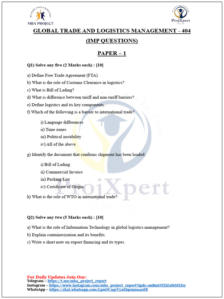 Global Trade & Logistics Exam Guide | PDF | Logistics | Service Industries