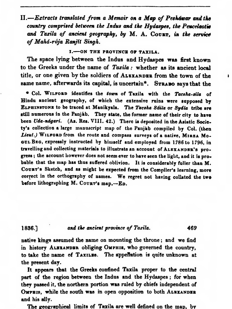 1836 Memior of A Map of Peshawar Court (Map Spoiled) JASBgl 1836 p468 ...