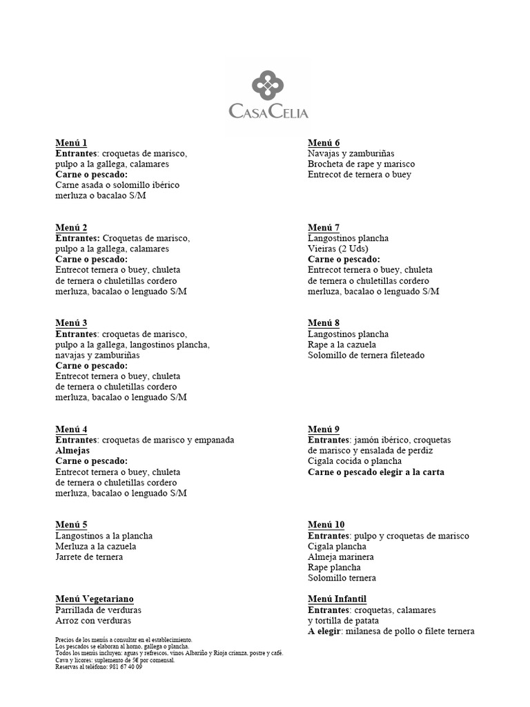 Menú del Día en Casa Celia | PDF | Mariscos | Carne