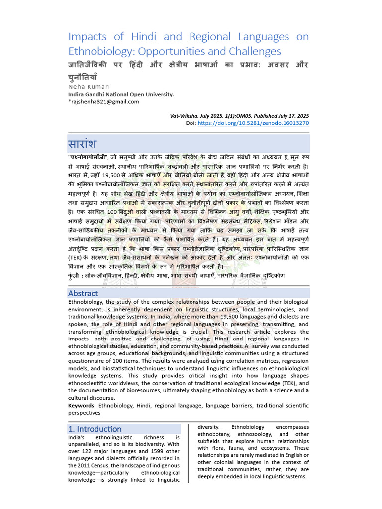 Impacts of Hindi and Regional Languages On Ethnobiology: Opportunities ...